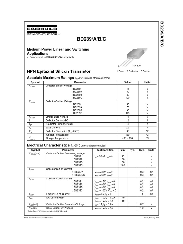 BD239/A/B/C: NPN Epitaxial Silicon Transistor | PDF | Semiconductor ...