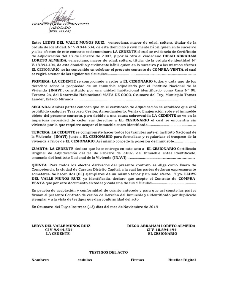 Contrato de Cesion de Derecho Ledys Muños | PDF