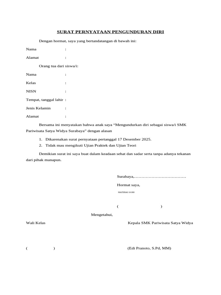 Format Surat Pernyataan Pengunduran Diri Siswa | PDF