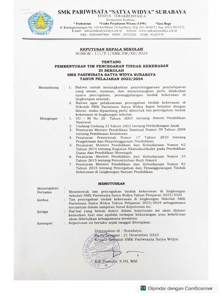 SK TPPK SMK Pariwisata Satya Widya | PDF