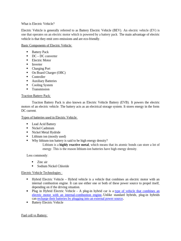 Electric Vehicle Notes | PDF | Electric Vehicle | Hybrid Vehicle