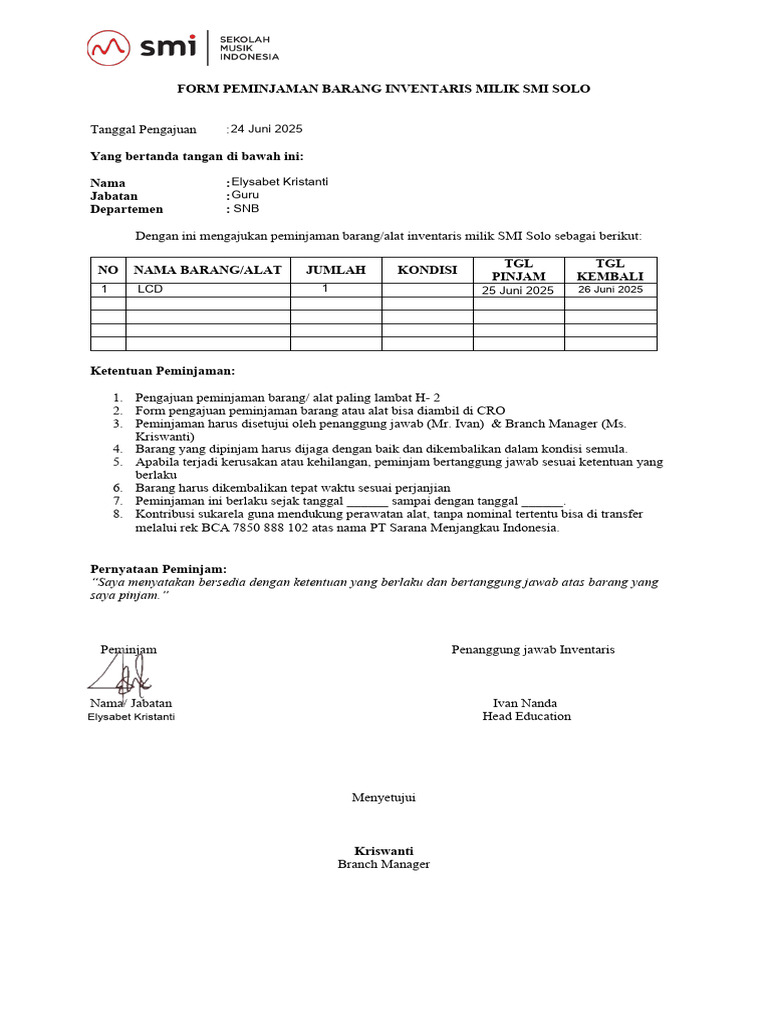 Form Peminjaman Barang SMI Solo | PDF