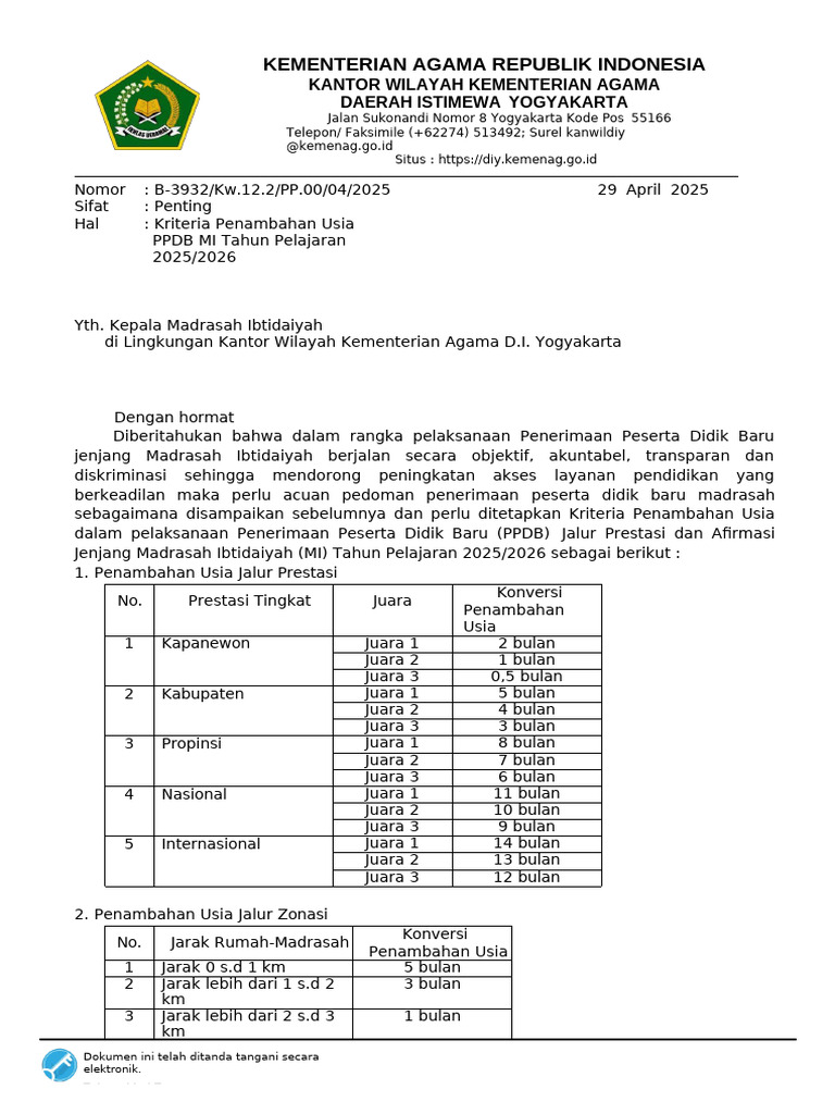 Kriteria Penambahan Usia PPDB MI | PDF