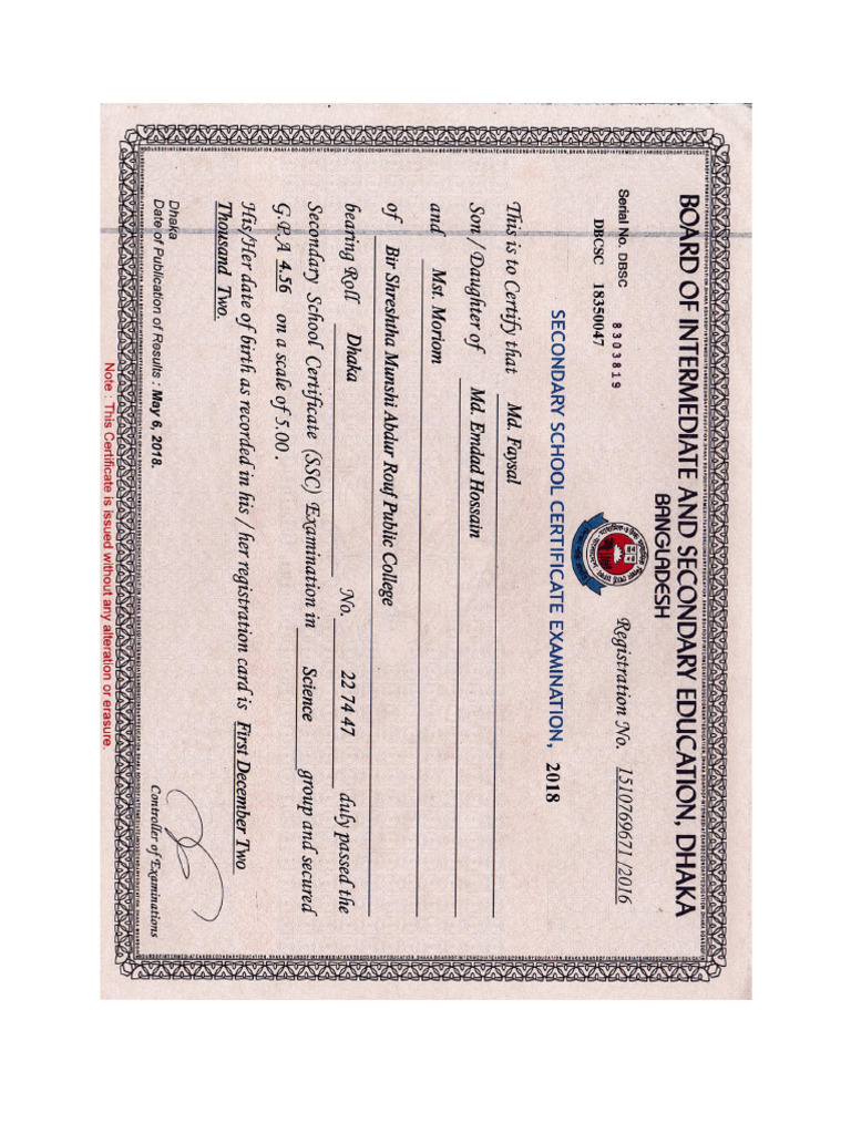 SSC Certificate | PDF