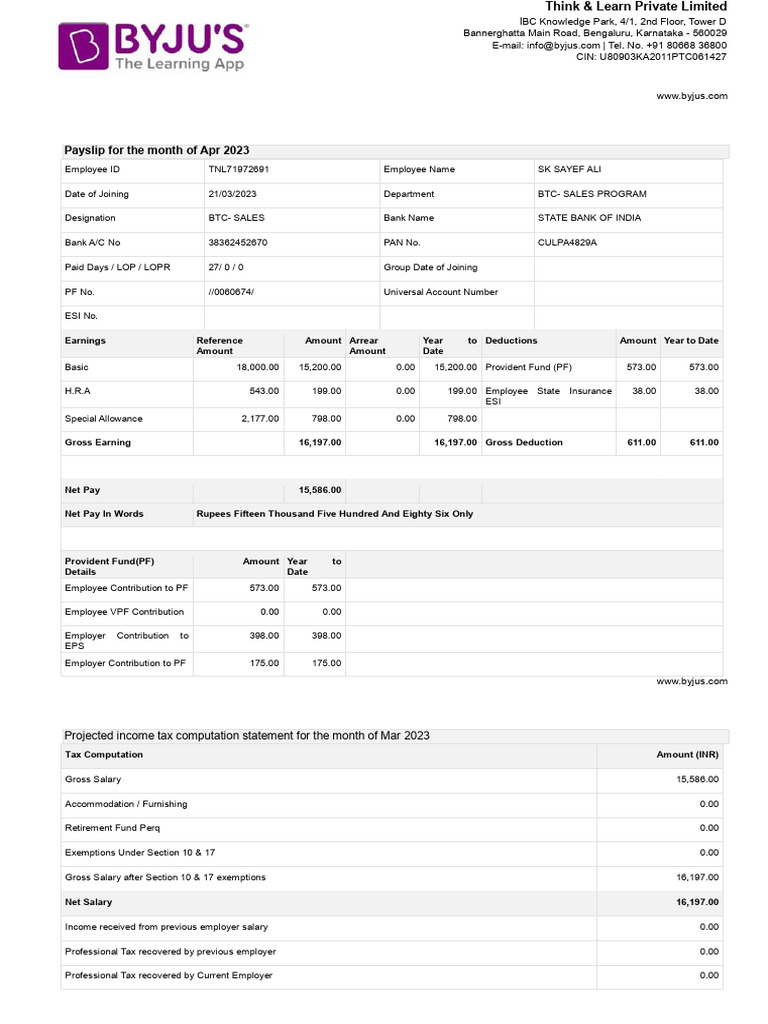 BYJU's Payslip of April PDF | PDF | Tax Deduction | Taxes