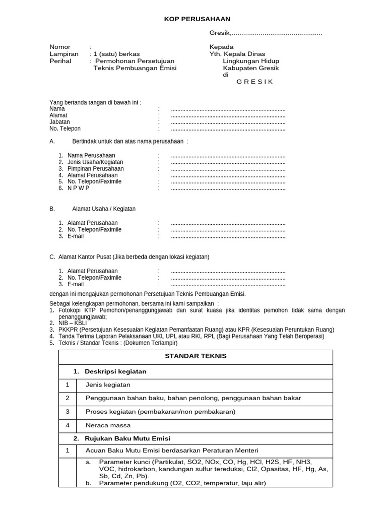 Form Permohonan - Pertek Emisi (Standart Teknis) Kosong | PDF