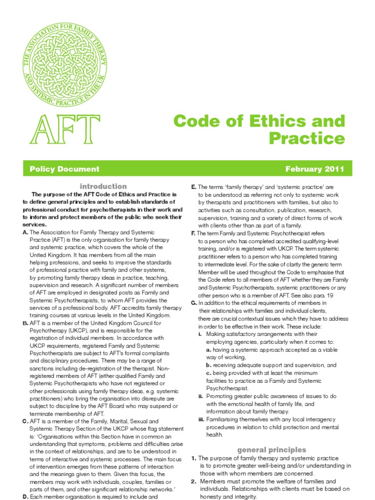 AFT Code of Ethics and Practice February 2011 | PDF | Family Therapy ...
