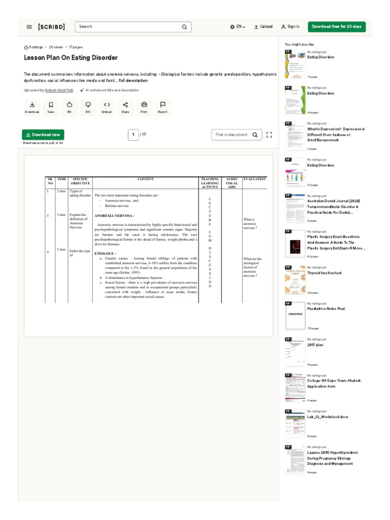 WWW Scribd Com Document 624857808 Lesson Plan On Eating Disorder | PDF ...