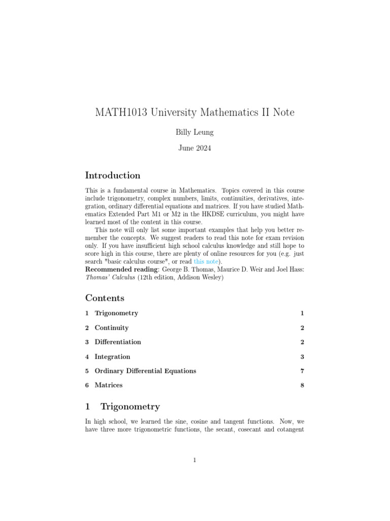 MATH1013 Notes Protected Unlocked | PDF | Trigonometric Functions ...