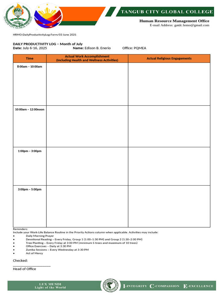 Daily Productivity Log 2025 | PDF