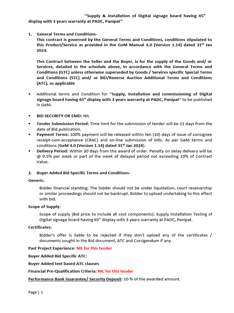 Digital Signage Board Having 65": Terms and Conditions For " " | PDF ...