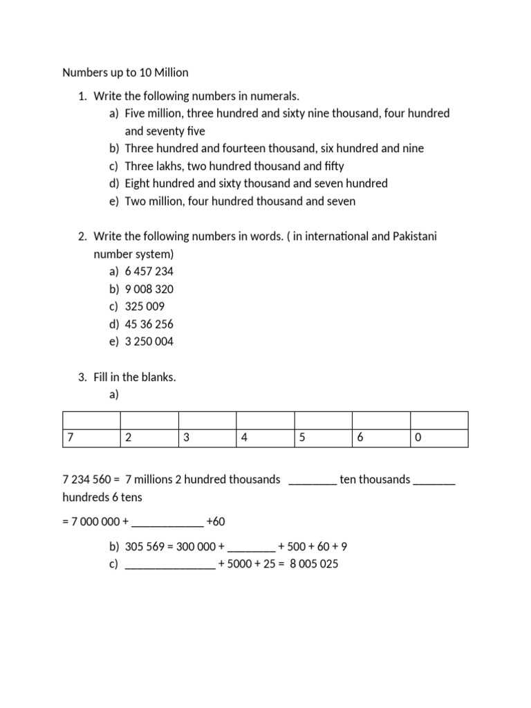 Numbers Up to 10 Million Explained | PDF