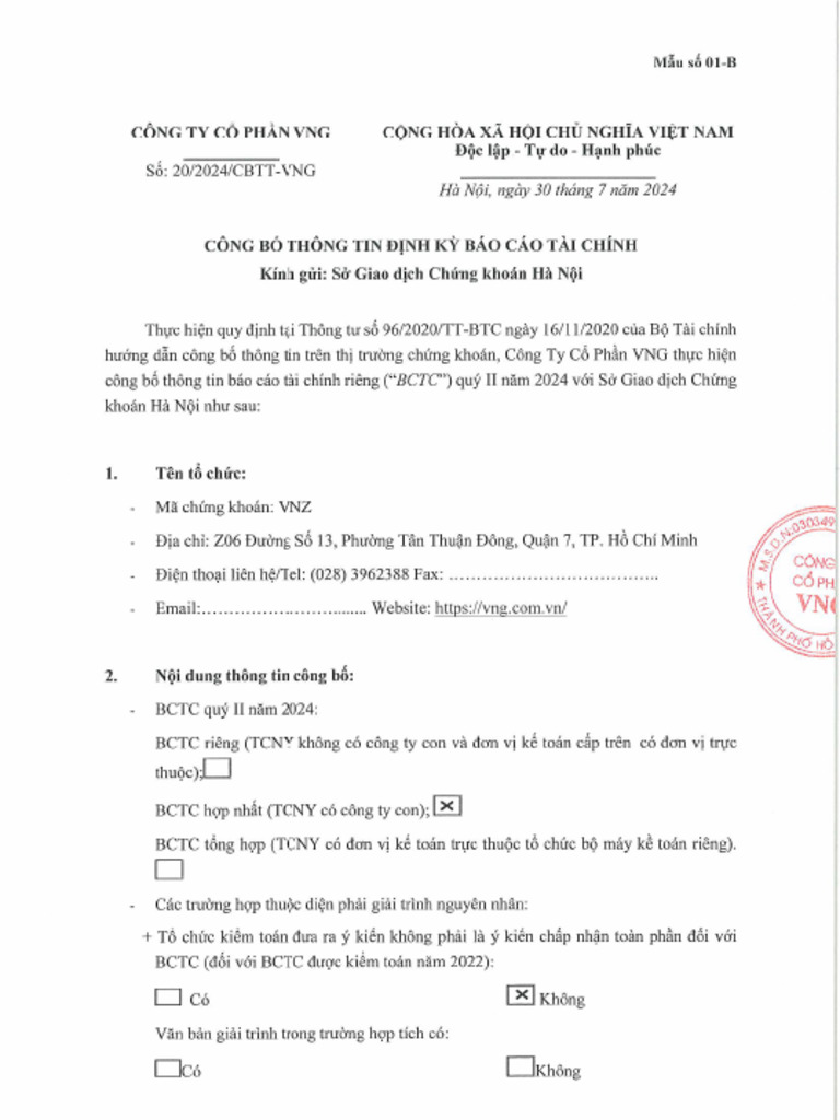 LG - VNG - CBTT - Mau 1b - CBTT BCTC Rieng Q2-2024-Đã G P-Backend | PDF