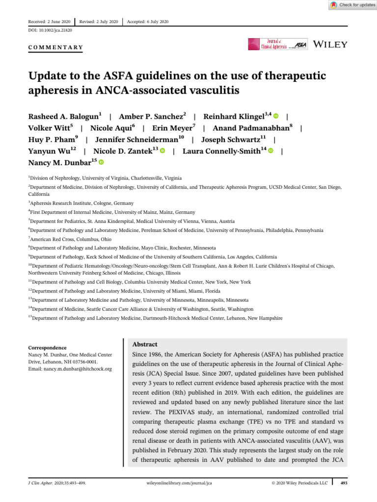 Therapeutic Apheresis Guidelines - ANCA Vasculitis Update | PDF ...