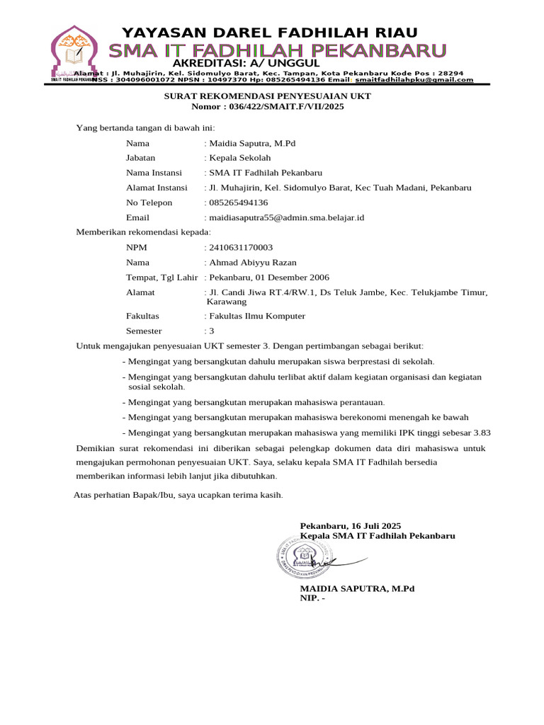 Surat Rekomendasi UKT | PDF