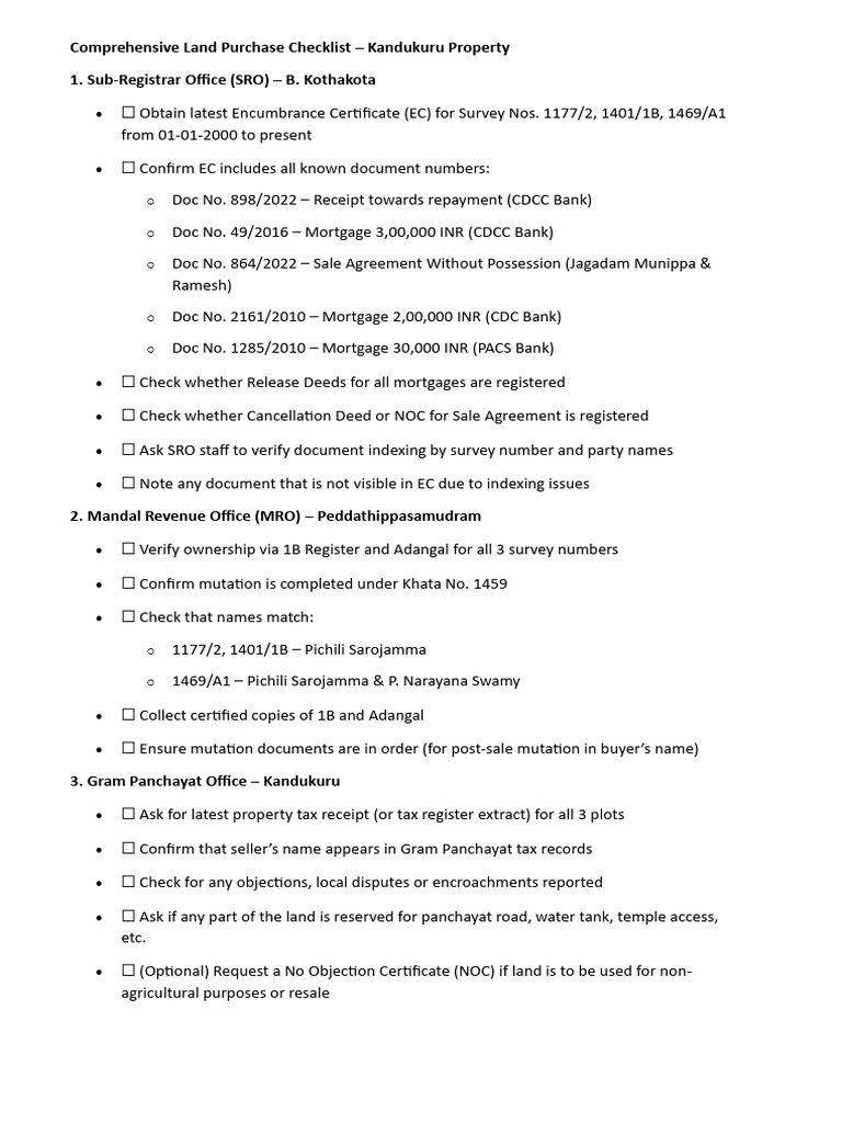 Comprehensive Land Purchase Checklist | PDF | Property Law | Common Law