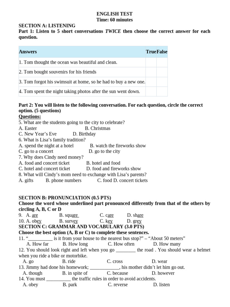 English Test Grade 7 | PDF | Traffic | Road
