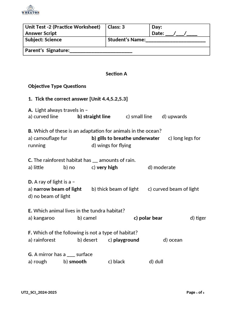 Class 3 Science Unit Test Worksheet | PDF | Habitat | Desert
