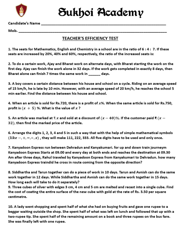 Teacher's Efficiency Test (Math Set - 2) | PDF