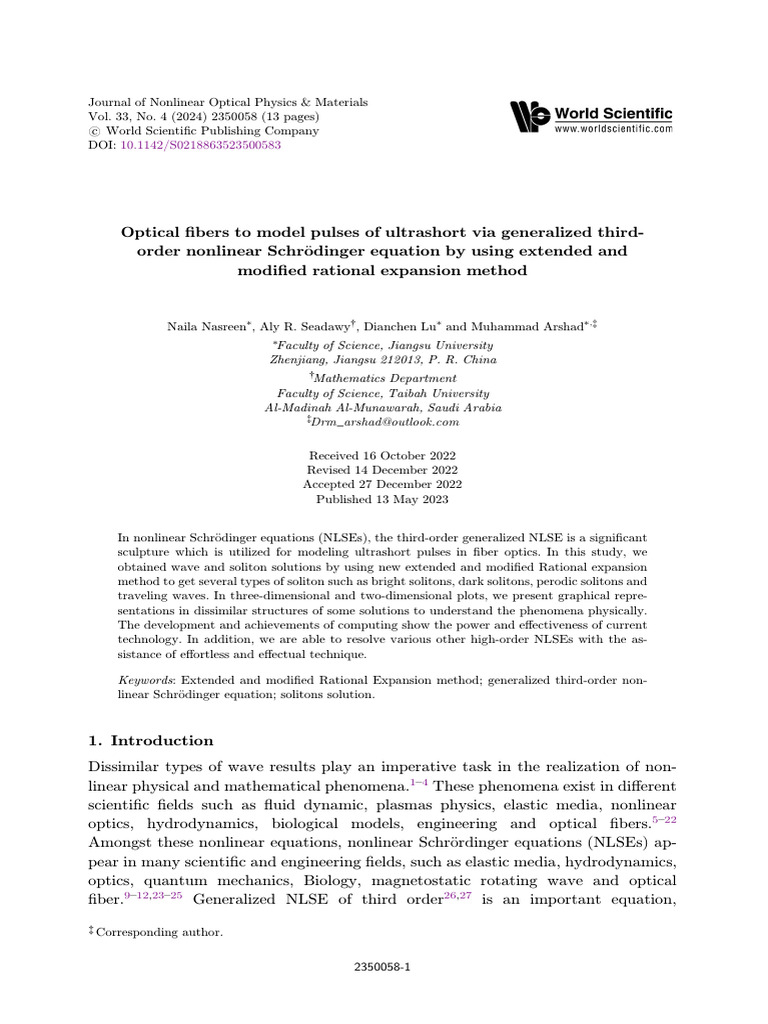 21 Optical Fibers To Model Pulses of Ultrashort Via Generalized Third ...