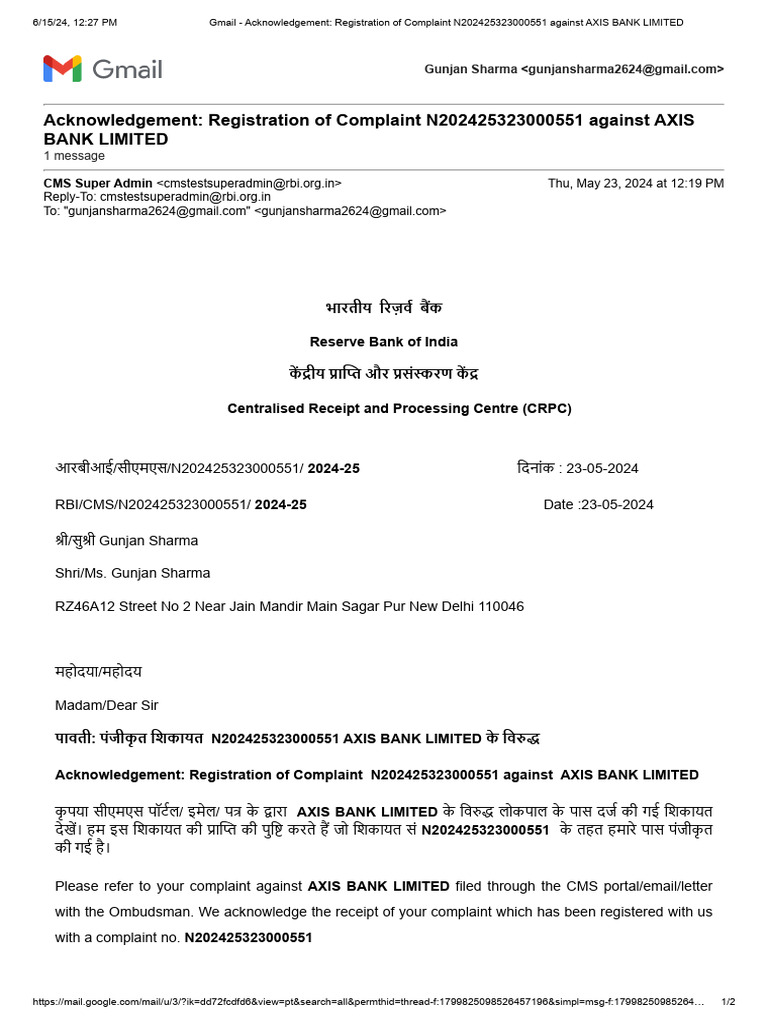 Gmail - Acknowledgement - Registration of Complaint N202425323000551 ...