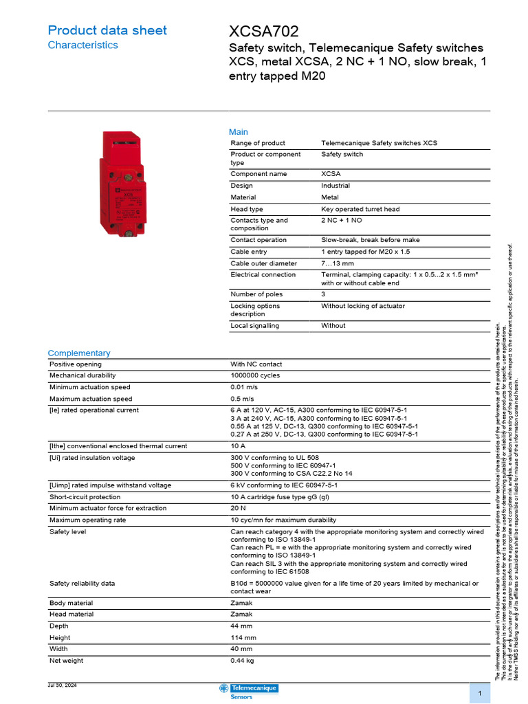 Schneider XCSA702 - EN. Final de Carrera de Seguridad. | PDF | Switch ...