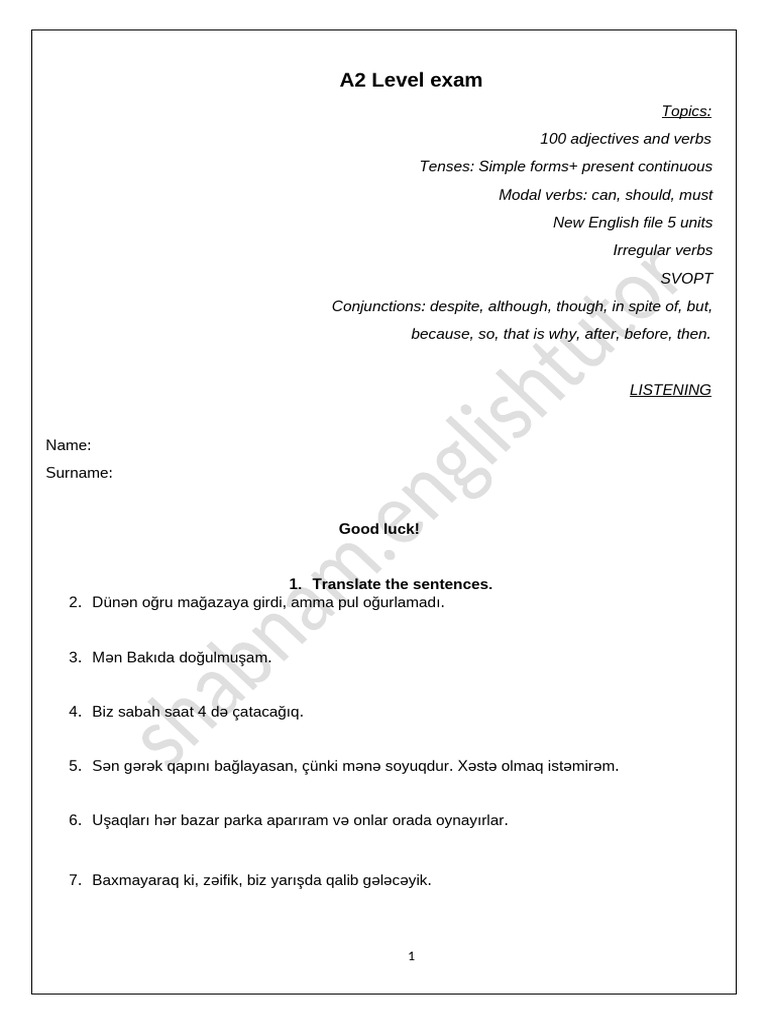 A1-A2 Level Exam | PDF