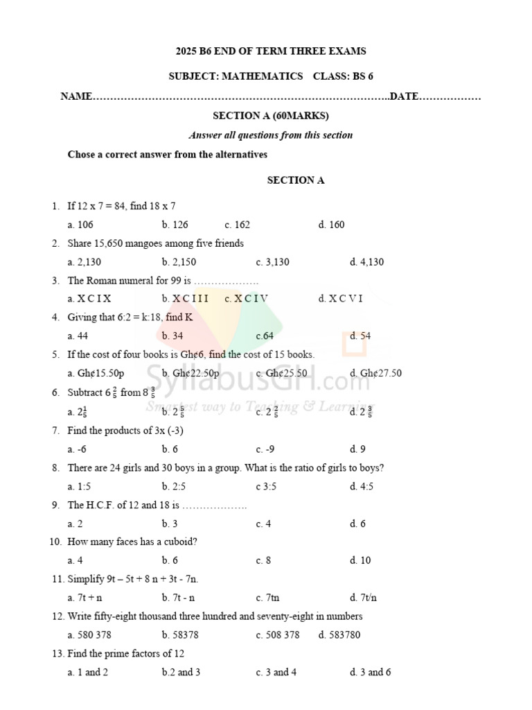 Grade 6 Mathematics Exam 2025 | PDF | Mathematics
