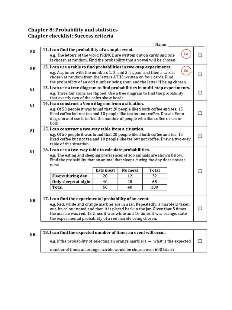 Yr8 Checklist - Probability | PDF | Probability | Probability Theory
