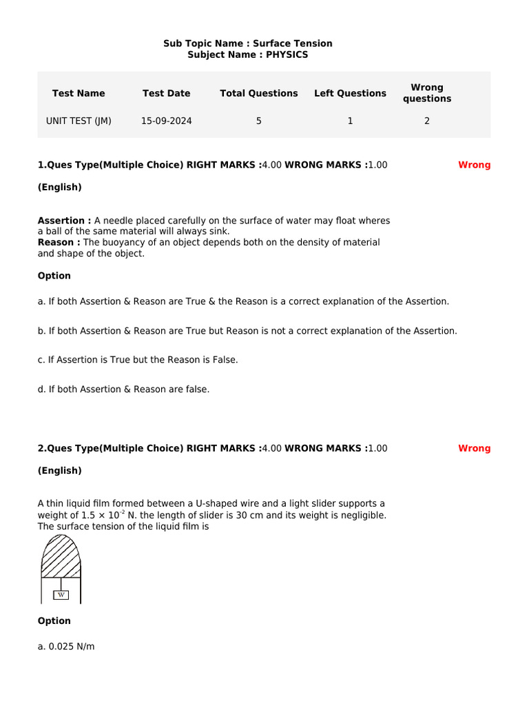 Surface Tension Unit Test Questions | PDF | Surface Tension | Sphere