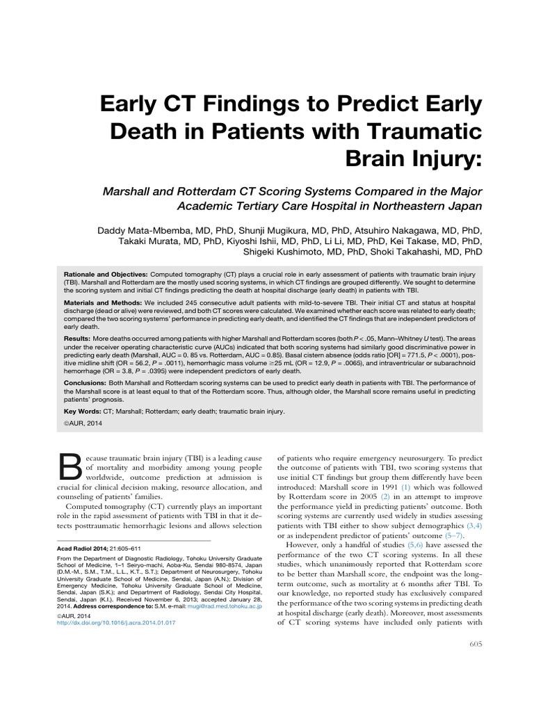 CT Scoring for Early Death in TBI | PDF | Traumatic Brain Injury ...