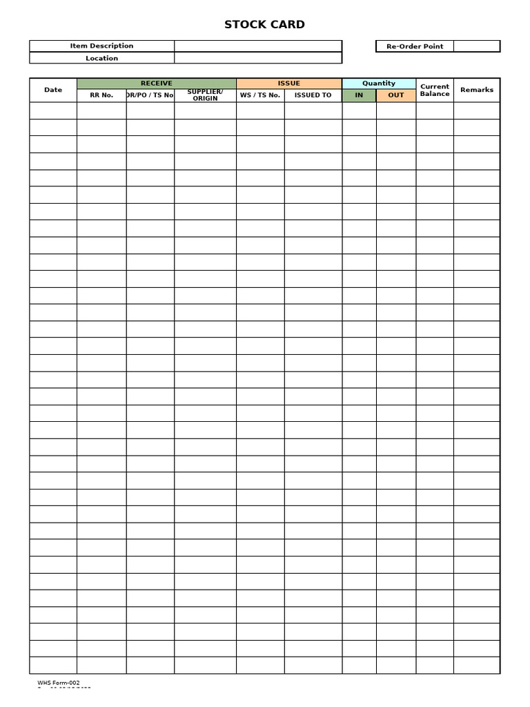 WHS Form-002 - Stock Card | PDF