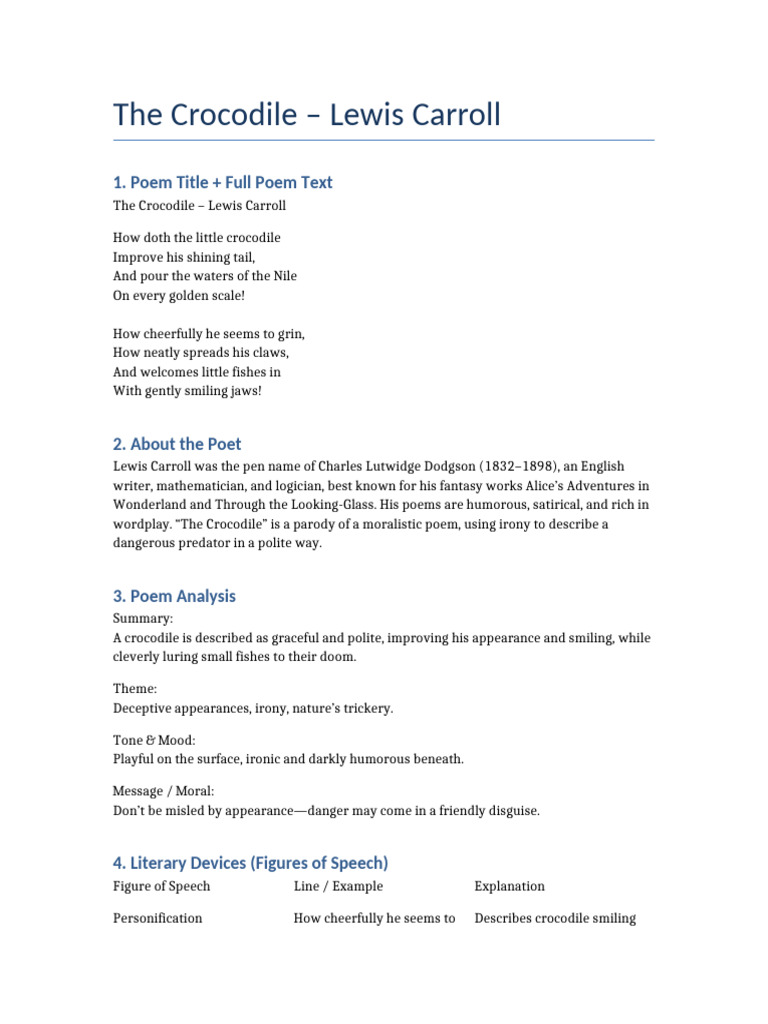 The Crocodile Lewis Carroll | PDF | Lewis Carroll | Poetry