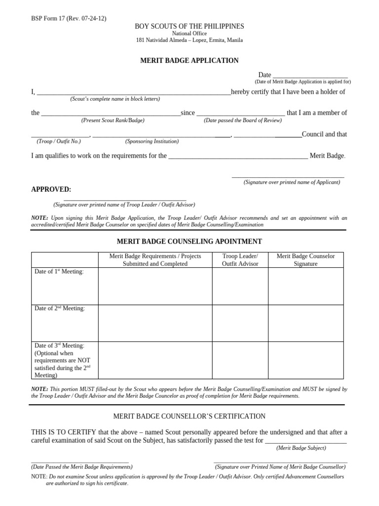 Merit Badge Application Form | PDF | Girl Guiding And Girl Scouting | Scouting And Guiding
