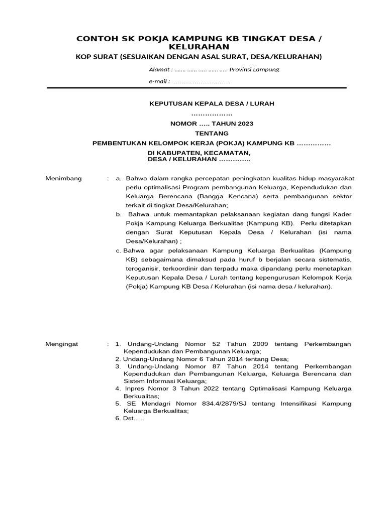 Contoh SK Pokja Kampung KB Tingkat Desa-Kelurahan | PDF