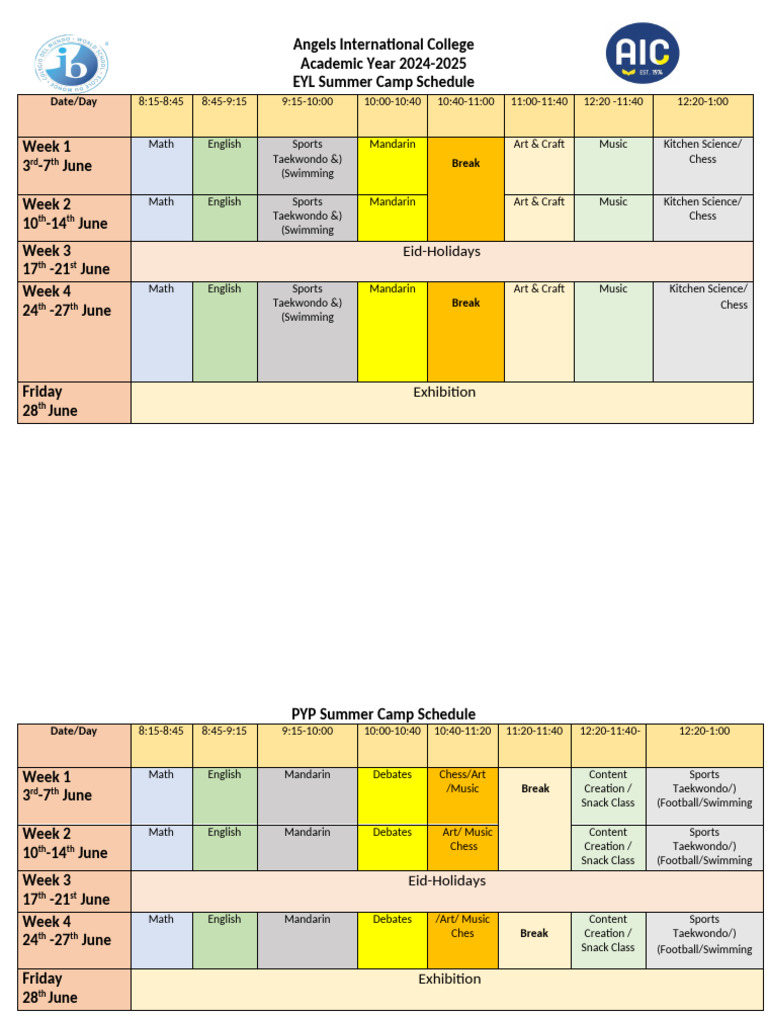 Summer Camp Schedule EYL PYP MYP-New | PDF