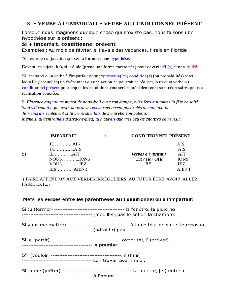 Hypothèses avec Si: Imparfait et Conditionnel | PDF | Verbe | Linguistique
