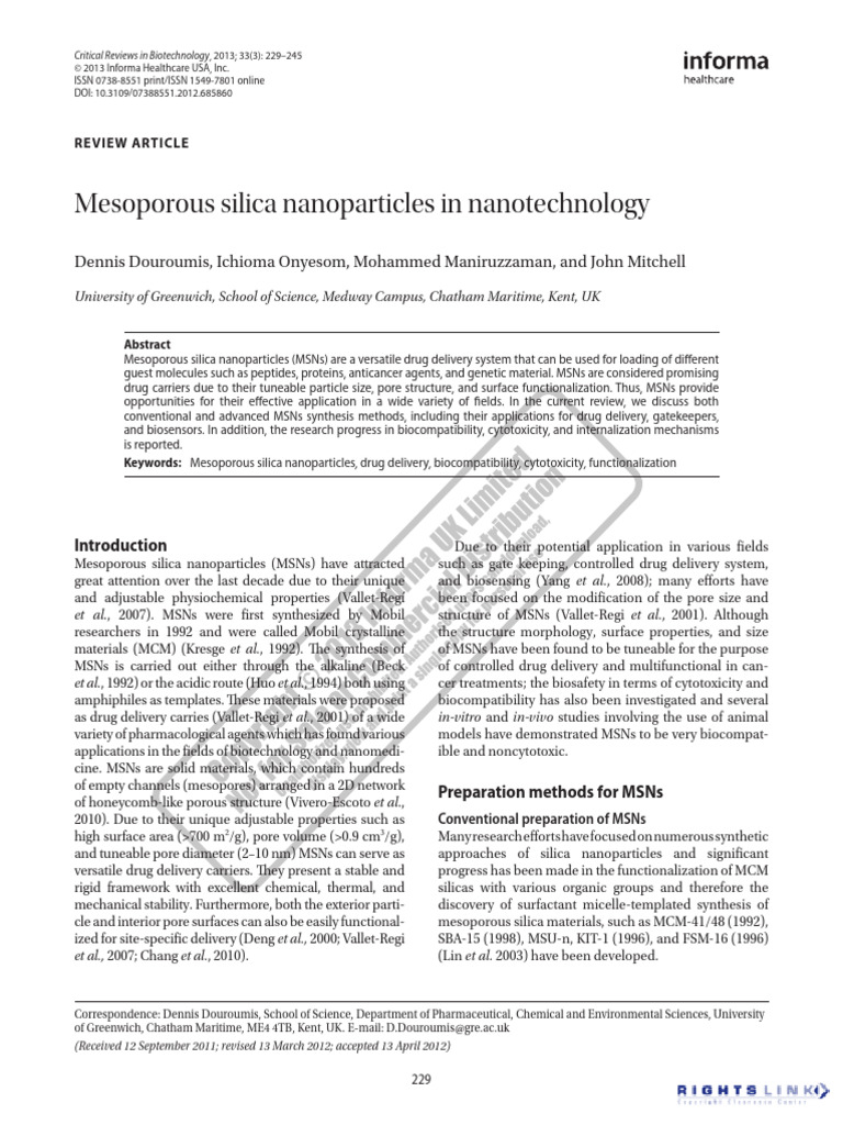 Mesoporous Silica Nanoparticles in Nanotechnology | PDF | Nanoparticle | Surfactant
