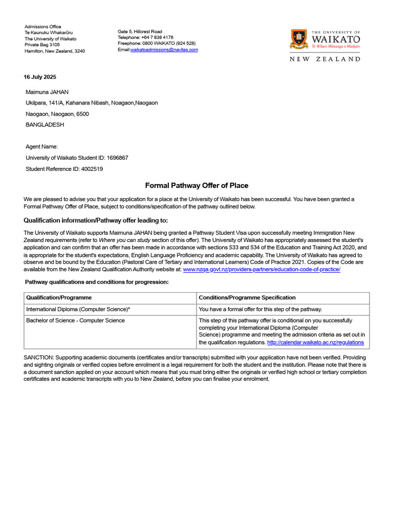 JAHAN Maimuna Offer Letter | PDF | Diploma | Travel Visa
