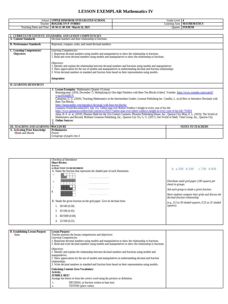 Lesson Plan Co Math q4 Sy 2024-2025 | PDF | Decimal | Mathematics