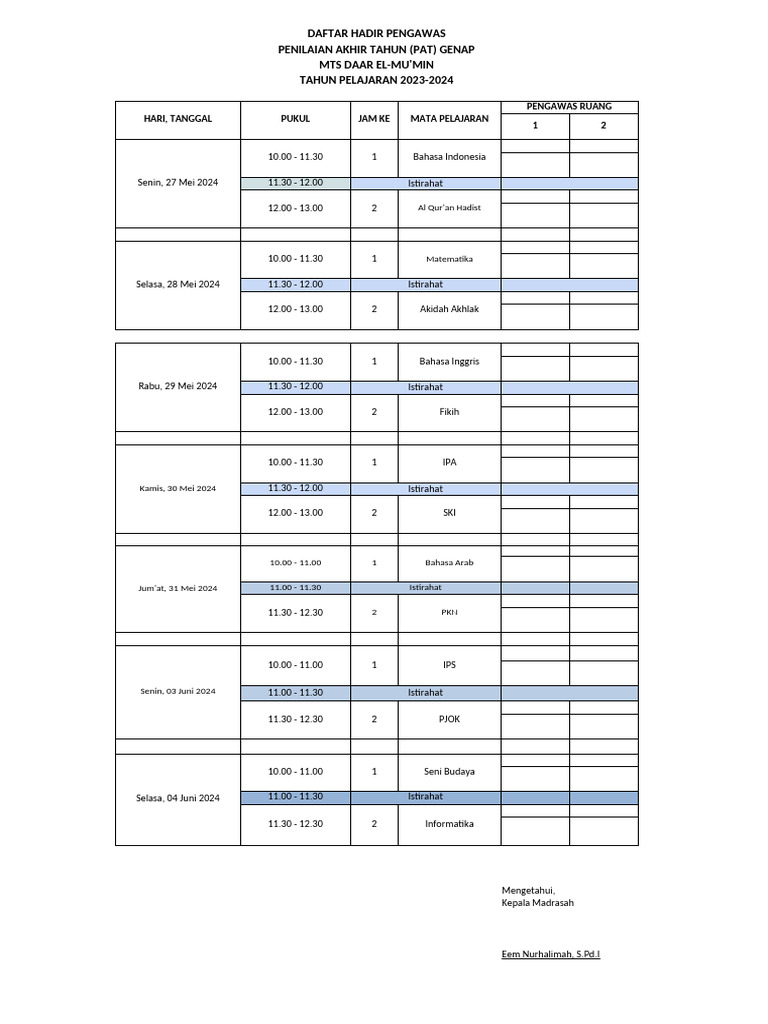 Jadwal Pengawas PAT dan PAS 2024 | PDF