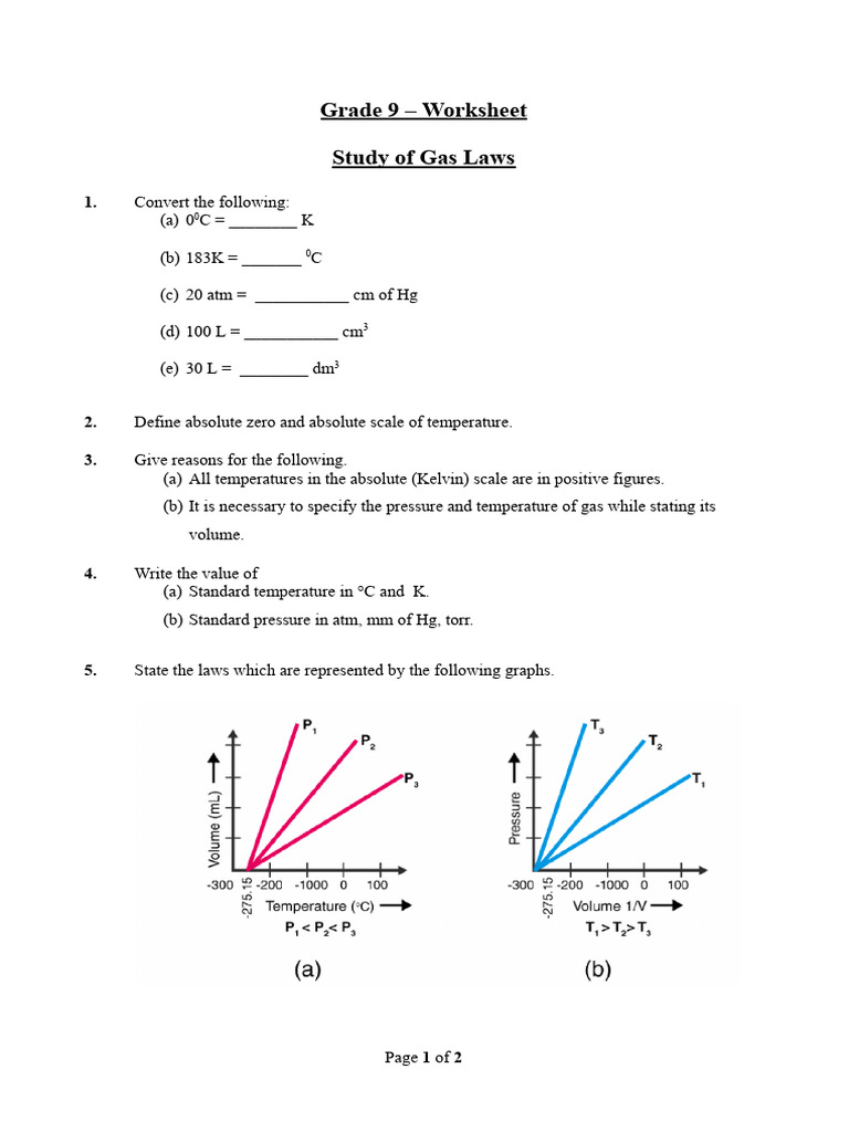 Grade 9 Gas Laws Worksheet | PDF