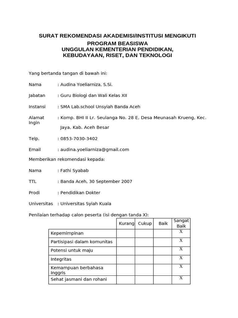 Surat Rekomendasi Fathi Syabab | PDF