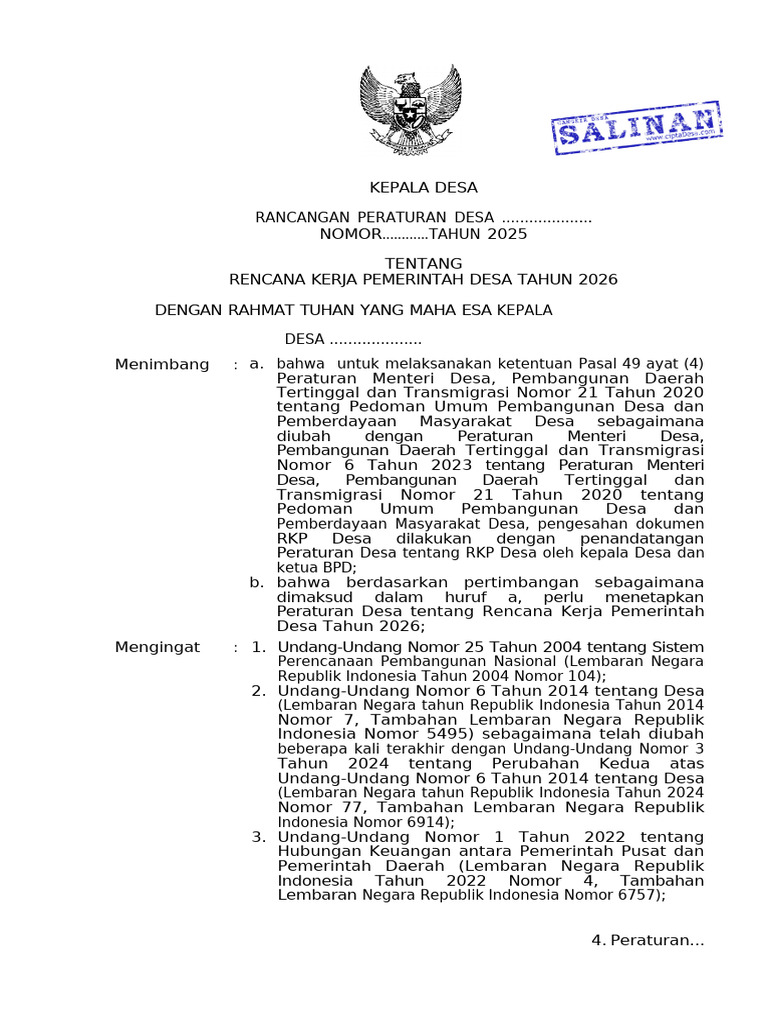 Rancangan Perdes - RKP Desa 2026 | PDF