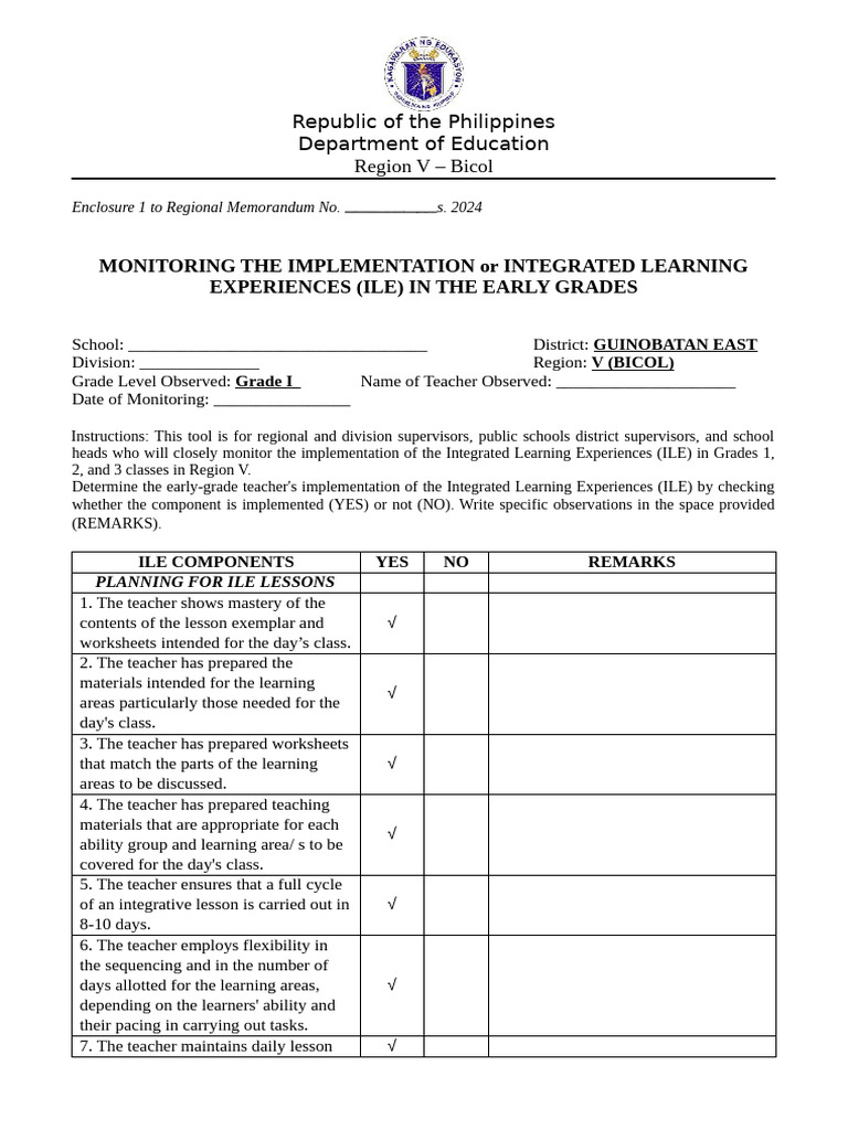 ILE Lesson Plan Monitoring Guide | PDF | Educational Assessment | Teachers