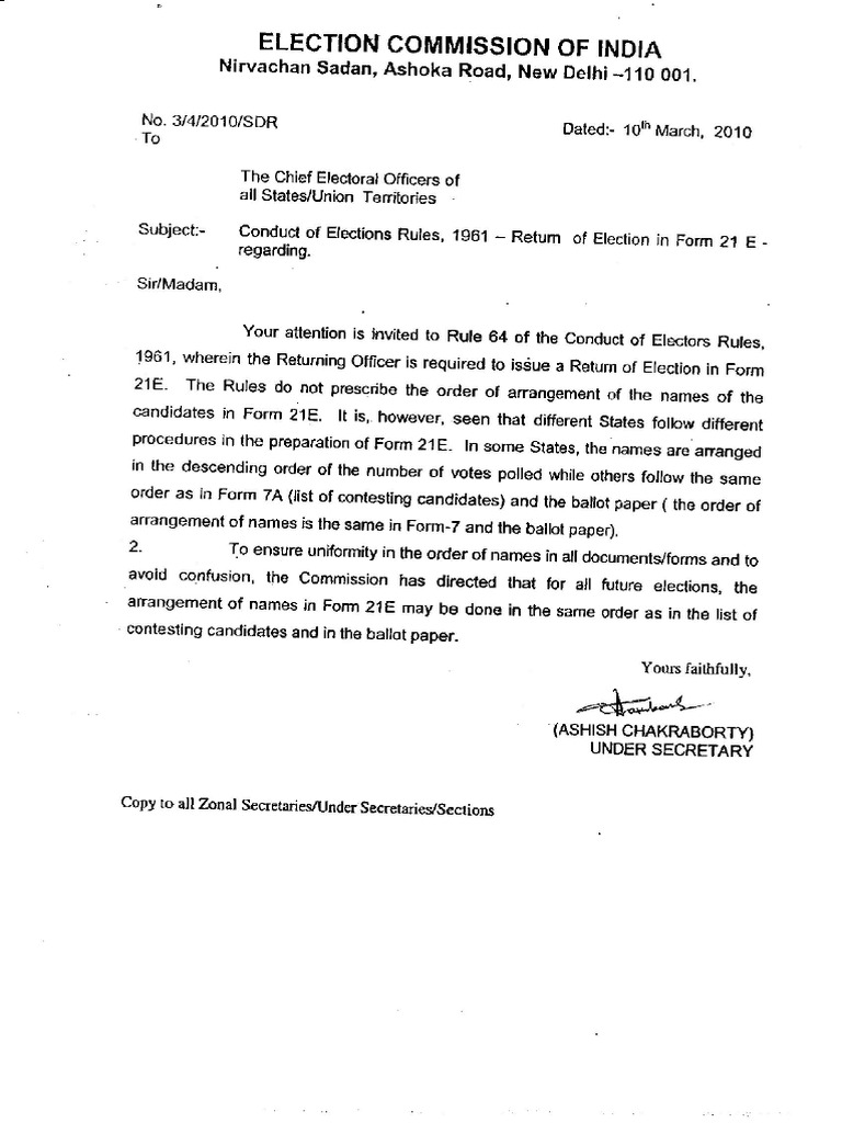 Conduct of Elections Rules, 1961 - Return of Election in Form 21E ...