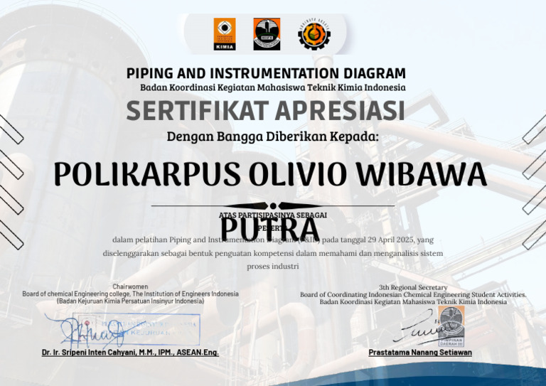 POLIKARPUS OLIVIO WIBAWA PUTRA E-Sertifikat Pelatihan P&ID 2025 | PDF