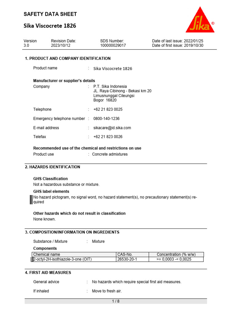 Sika Viscocrete 1826 | PDF | Safety | Occupational Safety And Health