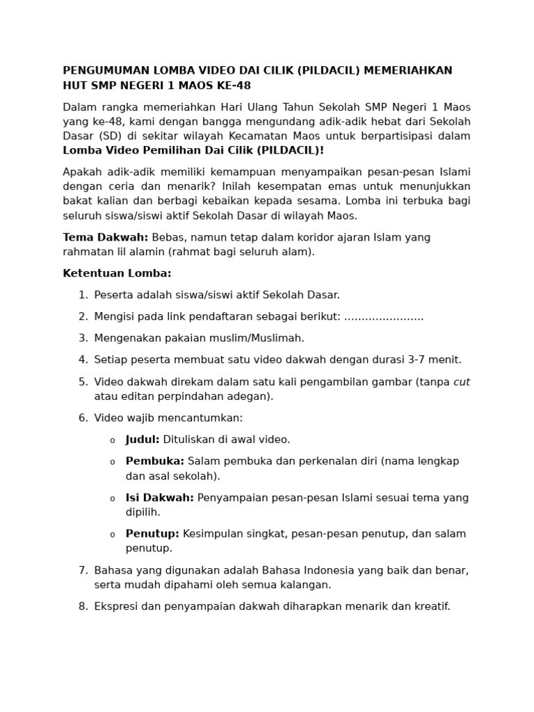 Draft Aturan Lomba Pildacil SD | PDF