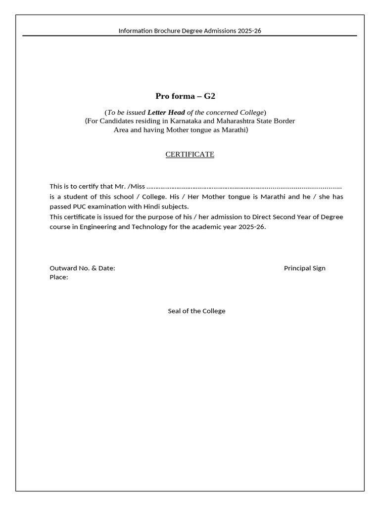 Proforma G2 Certificate for Admissions | PDF